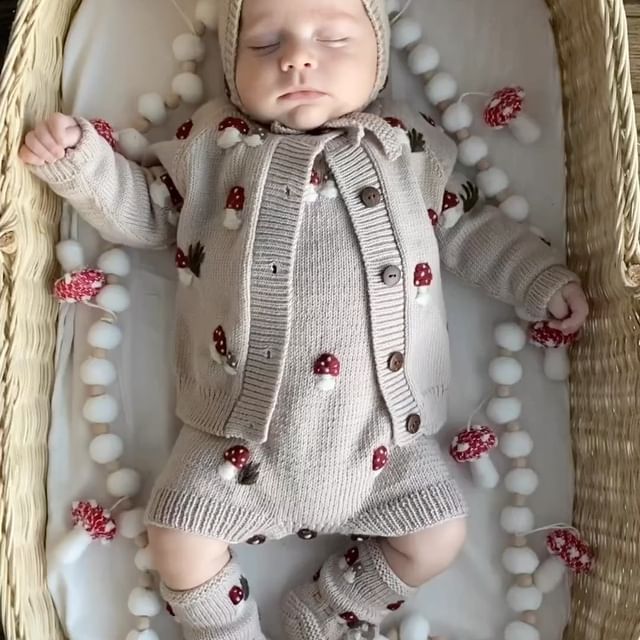 Hand-Embroidered Merino Wool Romper with Mushrooms – Oats