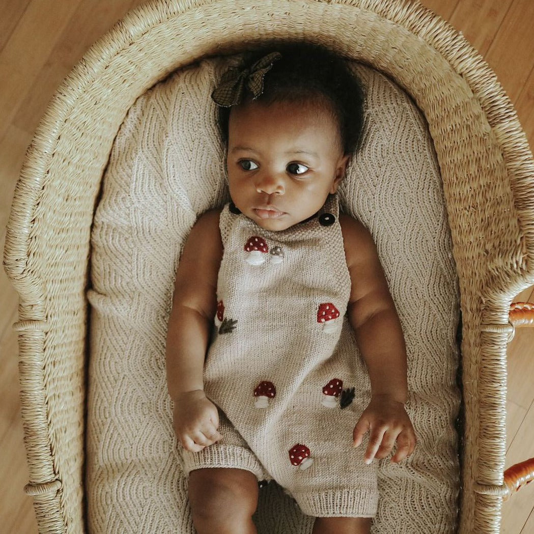 Hand-Embroidered Merino Wool Romper with Mushrooms – Oats