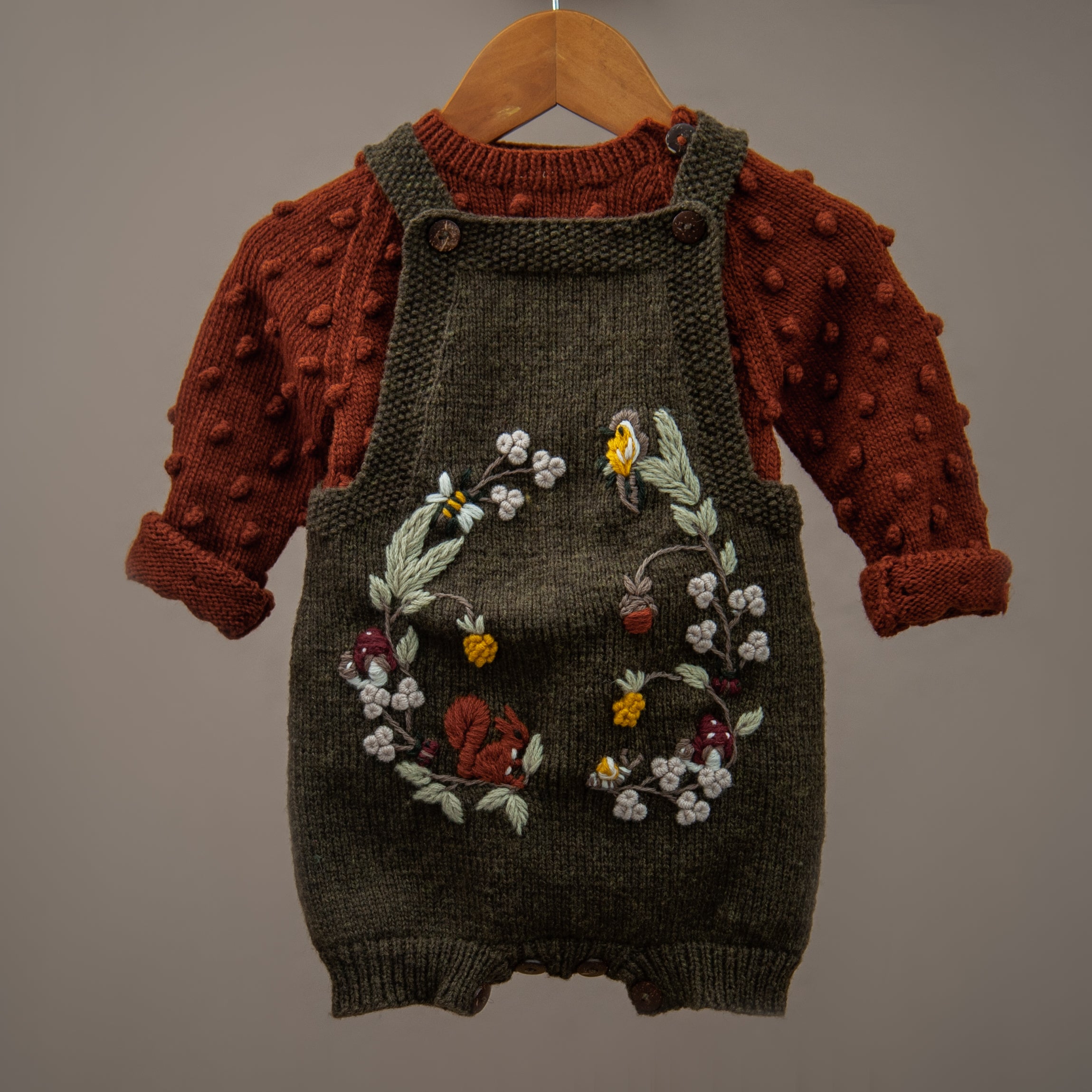 Pine Green Merino Wool Baby Romper with Woodland Embroidery